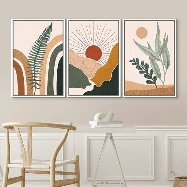 IDEA4WALL Mid Century Modern Boho Brown Abstract Sun Tropical Plant - Framed 3 Piece Set Canvas ...